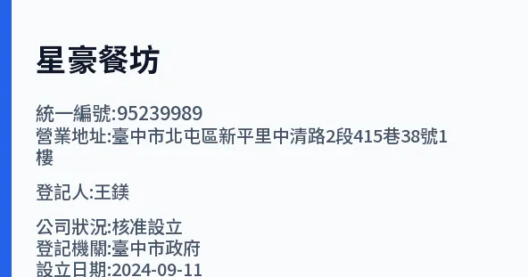星豪餐坊的照片-統編 95239989(臺中市) 公司登記資料與營業項目詳細圖表