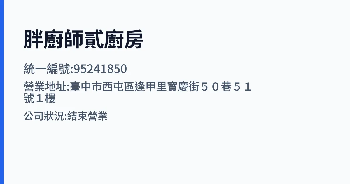 胖廚師貳廚房 - 統編 95241850(臺中市) 公司登記資料與營業項目詳細圖表