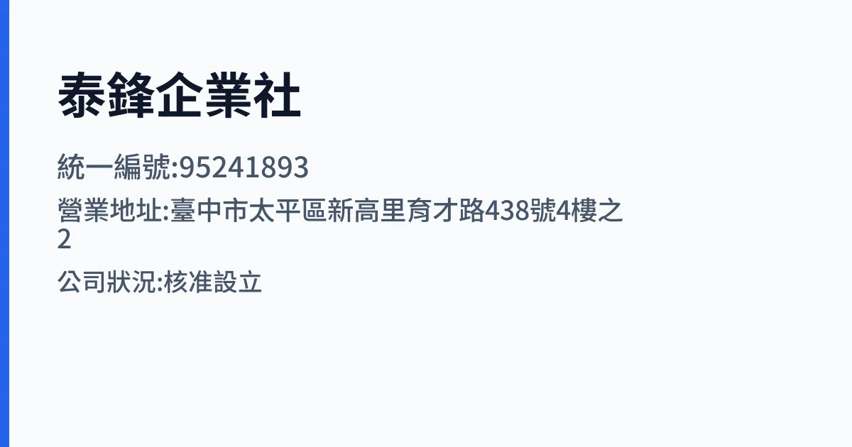 泰鋒企業社 - 統編 95241893(臺中市) 公司登記資料與營業項目詳細圖表