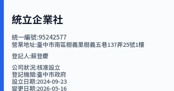 統立企業社的照片-統編 95242577(臺中市) 公司登記資料與營業項目詳細圖表