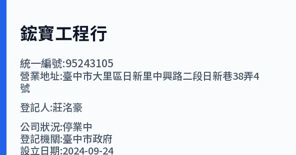 鋐寶工程行的照片-統編 95243105(臺中市) 公司登記資料與營業項目詳細圖表