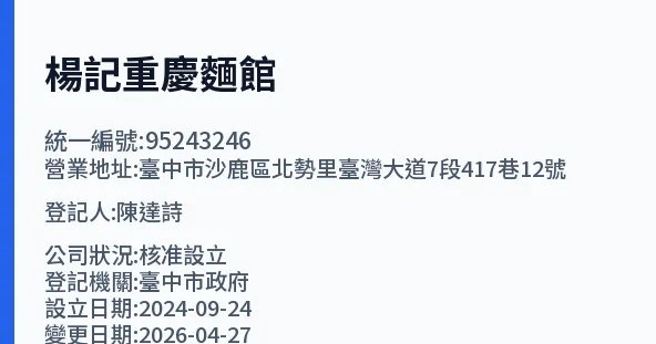 楊記重慶麵館的照片-統編 95243246(臺中市) 公司登記資料與營業項目詳細圖表