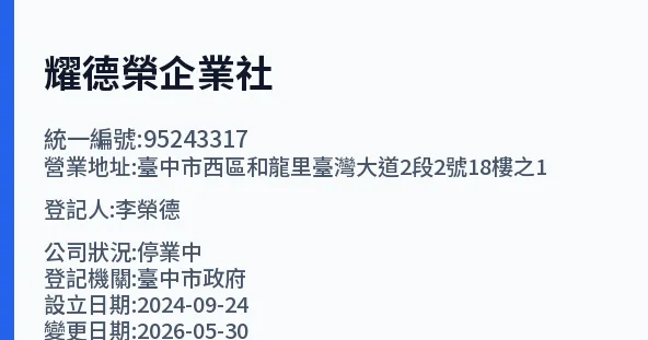 耀德榮企業社的照片-統編 95243317(臺中市) 公司登記資料與營業項目詳細圖表