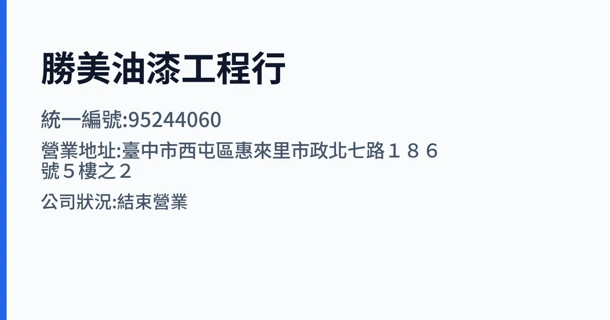勝美油漆工程行 - 統編 95244060(臺中市) 公司登記資料與營業項目詳細圖表