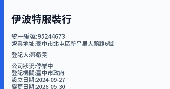 伊波特服裝行的照片-統編 95244673(臺中市) 公司登記資料與營業項目詳細圖表