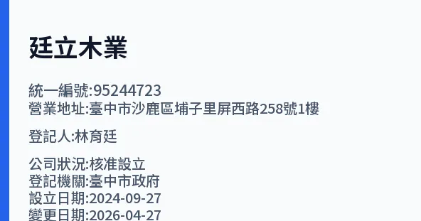 廷立木業的照片-統編 95244723(臺中市) 公司登記資料與營業項目詳細圖表