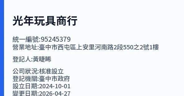 光年玩具商行的照片-統編 95245379(臺中市) 公司登記資料與營業項目詳細圖表