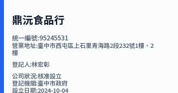 鼎沅食品行的照片-統編 95245531(臺中市) 公司登記資料與營業項目詳細圖表