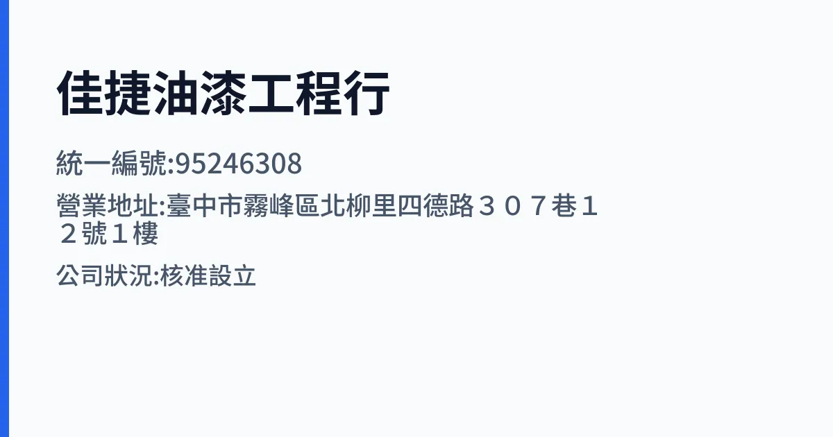 佳捷油漆工程行 - 統編 95246308(臺中市) 公司登記資料與營業項目詳細圖表
