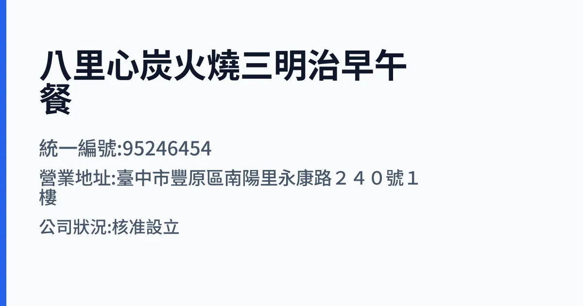 八里心炭火燒三明治早午餐 - 統編 95246454(臺中市) 公司登記資料與營業項目詳細圖表