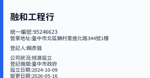 融和工程行的照片-統編 95246623(臺中市) 公司登記資料與營業項目詳細圖表
