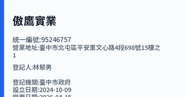 傲鷹實業的照片-統編 95246757(臺中市) 公司登記資料與營業項目詳細圖表