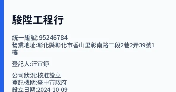 駿陞工程行的照片-統編 95246784(臺中市) 公司登記資料與營業項目詳細圖表