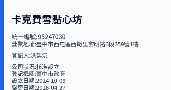 卡克費雪點心坊的照片-統編 95247030(臺中市) 公司登記資料與營業項目詳細圖表