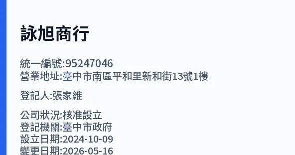 詠旭商行的照片-統編 95247046(臺中市) 公司登記資料與營業項目詳細圖表