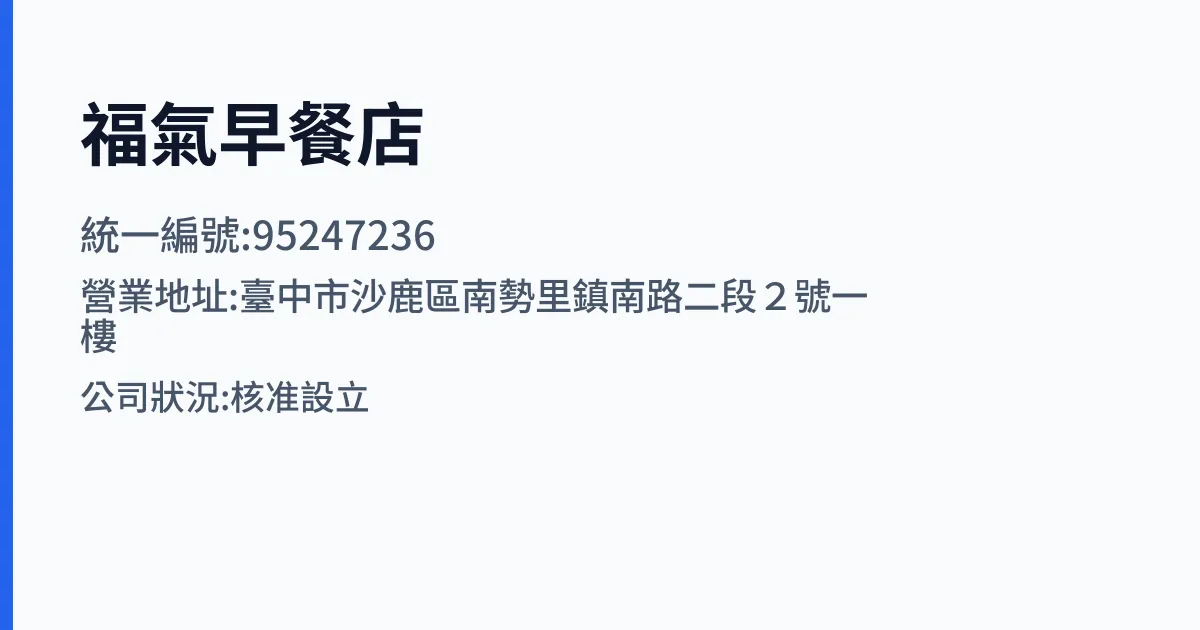 福氣早餐店 - 統編 95247236(臺中市) 公司登記資料與營業項目詳細圖表