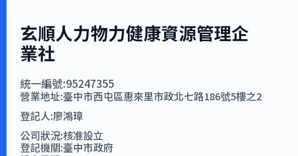 玄順人力物力健康資源管理企業社的照片-統編 95247355(臺中市) 公司登記資料與營業項目詳細圖表