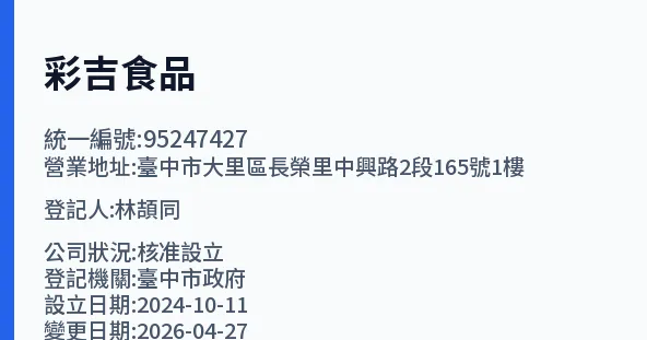 彩吉食品的照片-統編 95247427(臺中市) 公司登記資料與營業項目詳細圖表