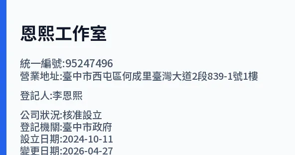 恩熙工作室的照片-統編 95247496(臺中市) 公司登記資料與營業項目詳細圖表