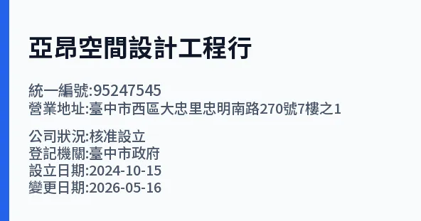 亞昂空間設計工程行的照片-統編 95247545(臺中市) 公司登記資料與營業項目詳細圖表