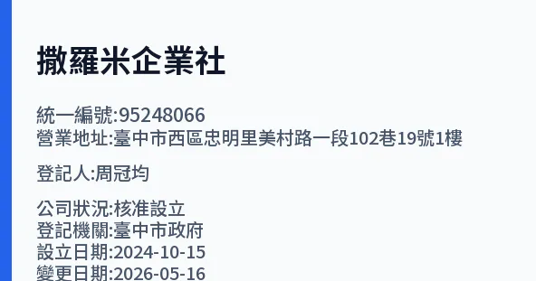 撒羅米企業社的照片-統編 95248066(臺中市) 公司登記資料與營業項目詳細圖表