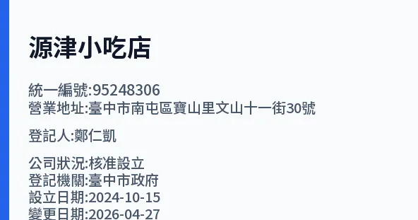 源津小吃店的照片-統編 95248306(臺中市) 公司登記資料與營業項目詳細圖表