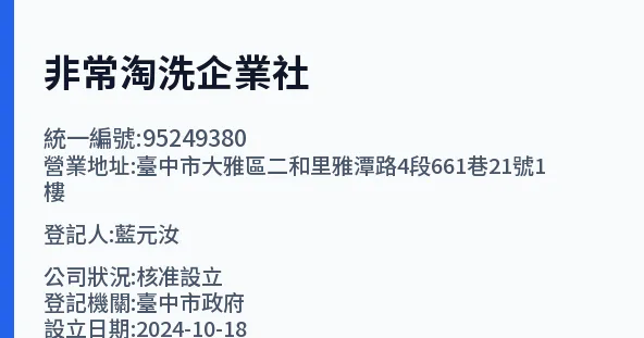 非常淘洗企業社的照片-統編 95249380(臺中市) 公司登記資料與營業項目詳細圖表