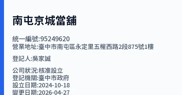 南屯京城當舖的照片-統編 95249620(臺中市) 公司登記資料與營業項目詳細圖表