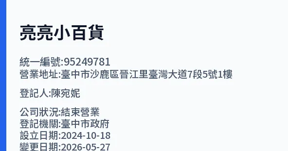 亮亮小百貨的照片-統編 95249781(臺中市) 公司登記資料與營業項目詳細圖表