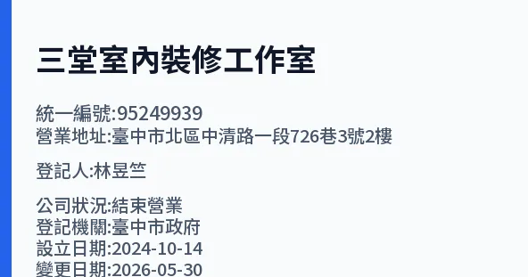 三堂室內裝修工作室的照片-統編 95249939(臺中市) 公司登記資料與營業項目詳細圖表