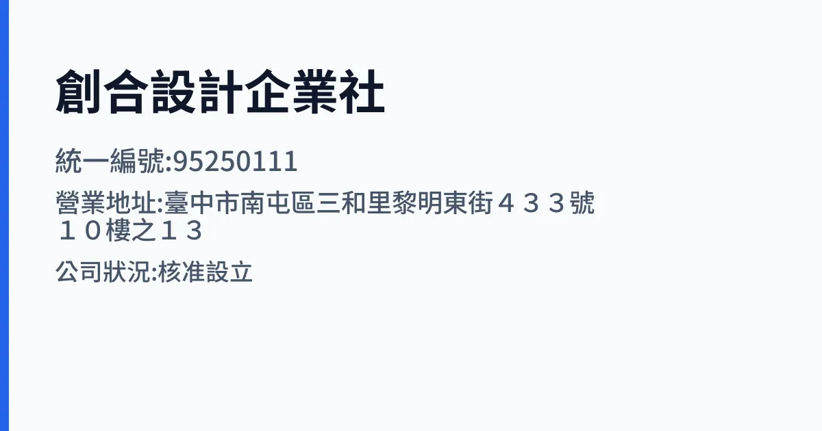 創合設計企業社 - 統編 95250111(臺中市) 公司登記資料與營業項目詳細圖表