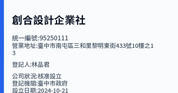 創合設計企業社的照片-統編 95250111(臺中市) 公司登記資料與營業項目詳細圖表