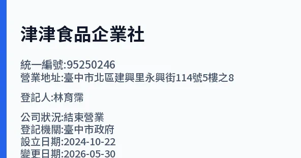 津津食品企業社的照片-統編 95250246(臺中市) 公司登記資料與營業項目詳細圖表