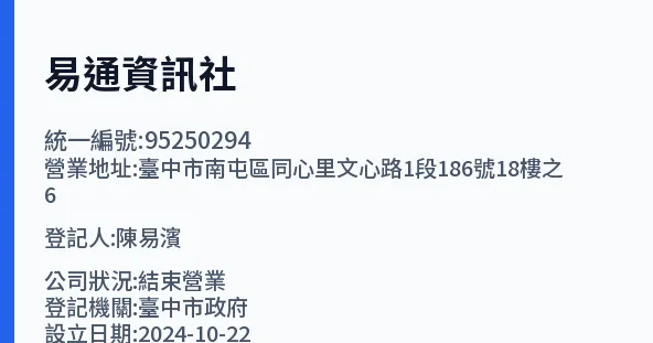 易通資訊社的照片-統編 95250294(臺中市) 公司登記資料與營業項目詳細圖表