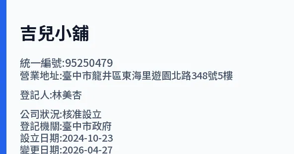 吉兒小舖的照片-統編 95250479(臺中市) 公司登記資料與營業項目詳細圖表