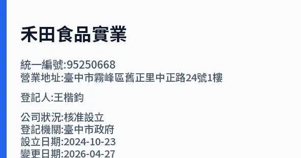 禾田食品實業的照片-統編 95250668(臺中市) 公司登記資料與營業項目詳細圖表
