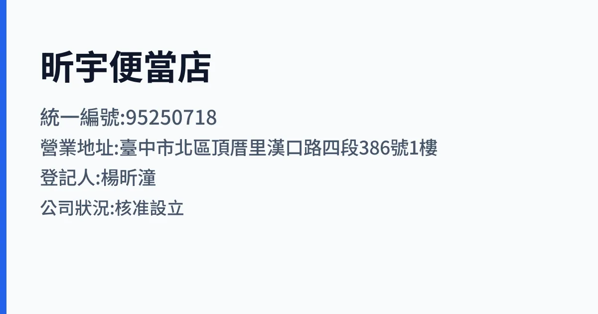 昕宇便當店 - 統編 95250718(臺中市) 公司登記資料與營業項目詳細圖表