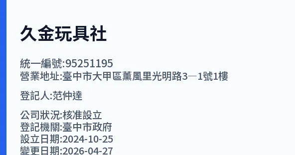 久金玩具社的照片-統編 95251195(臺中市) 公司登記資料與營業項目詳細圖表