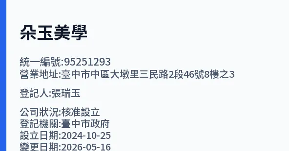 朵玉美學的照片-統編 95251293(臺中市) 公司登記資料與營業項目詳細圖表