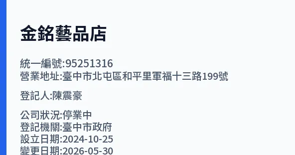 金銘藝品店的照片-統編 95251316(臺中市) 公司登記資料與營業項目詳細圖表