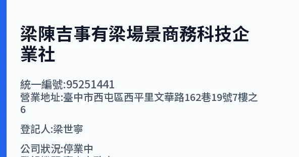 梁陳吉事有梁場景商務科技企業社的照片-統編 95251441(臺中市) 公司登記資料與營業項目詳細圖表