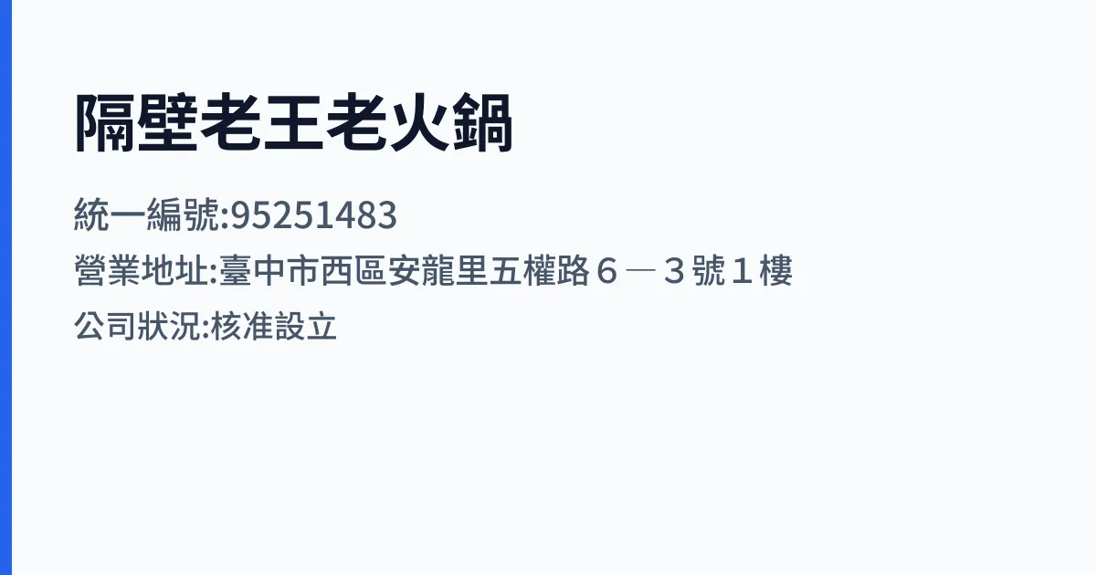 隔壁老王老火鍋 - 統編 95251483(臺中市) 公司登記資料與營業項目詳細圖表