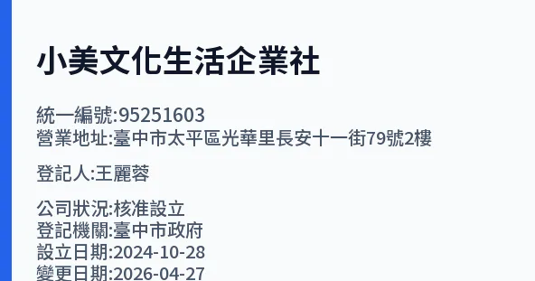 小美文化生活企業社的照片-統編 95251603(臺中市) 公司登記資料與營業項目詳細圖表