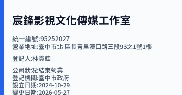宸鋒影視文化傳媒工作室的照片-統編 95252027(臺中市) 公司登記資料與營業項目詳細圖表