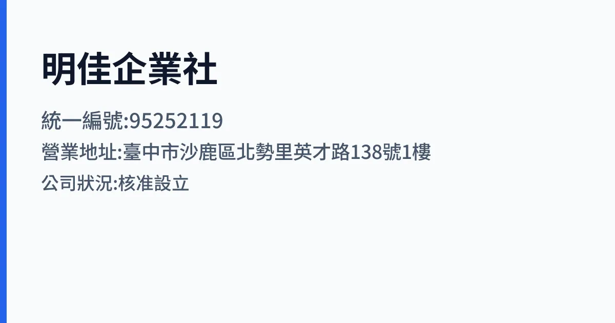 明佳企業社 - 統編 95252119(臺中市) 公司登記資料與營業項目詳細圖表