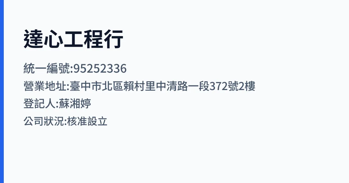 達心工程行 - 統編 95252336(臺中市) 公司登記資料與營業項目詳細圖表