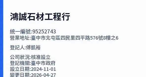 鴻誠石材工程行的照片-統編 95252743(臺中市) 公司登記資料與營業項目詳細圖表