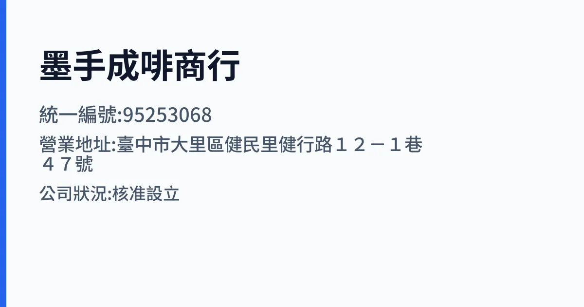 墨手成啡商行 - 統編 95253068(臺中市) 公司登記資料與營業項目詳細圖表