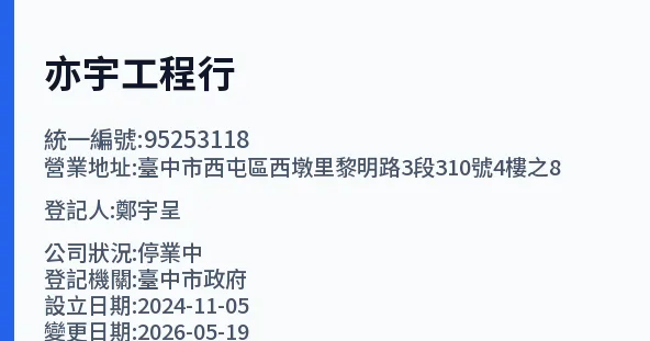 亦宇工程行的照片-統編 95253118(臺中市) 公司登記資料與營業項目詳細圖表
