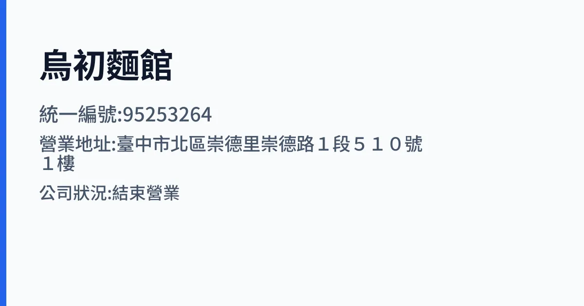 烏初麵館 - 統編 95253264(臺中市) 公司登記資料與營業項目詳細圖表